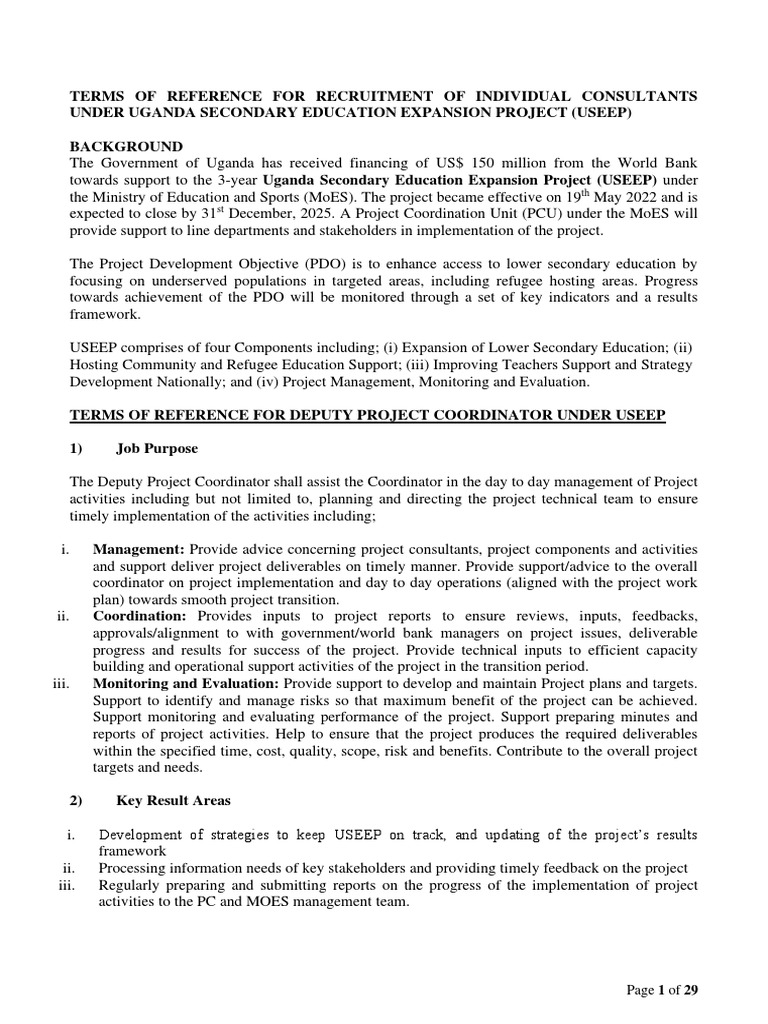 TORs For USEEP Recruitment FINAL 11 08 22 | PDF | Procurement | Environmental Impact Assessment