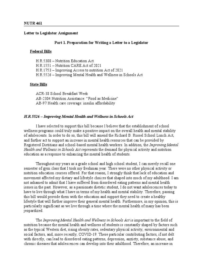 Letter To Legislator Assignment | PDF | Mental Health | Mental Disorder