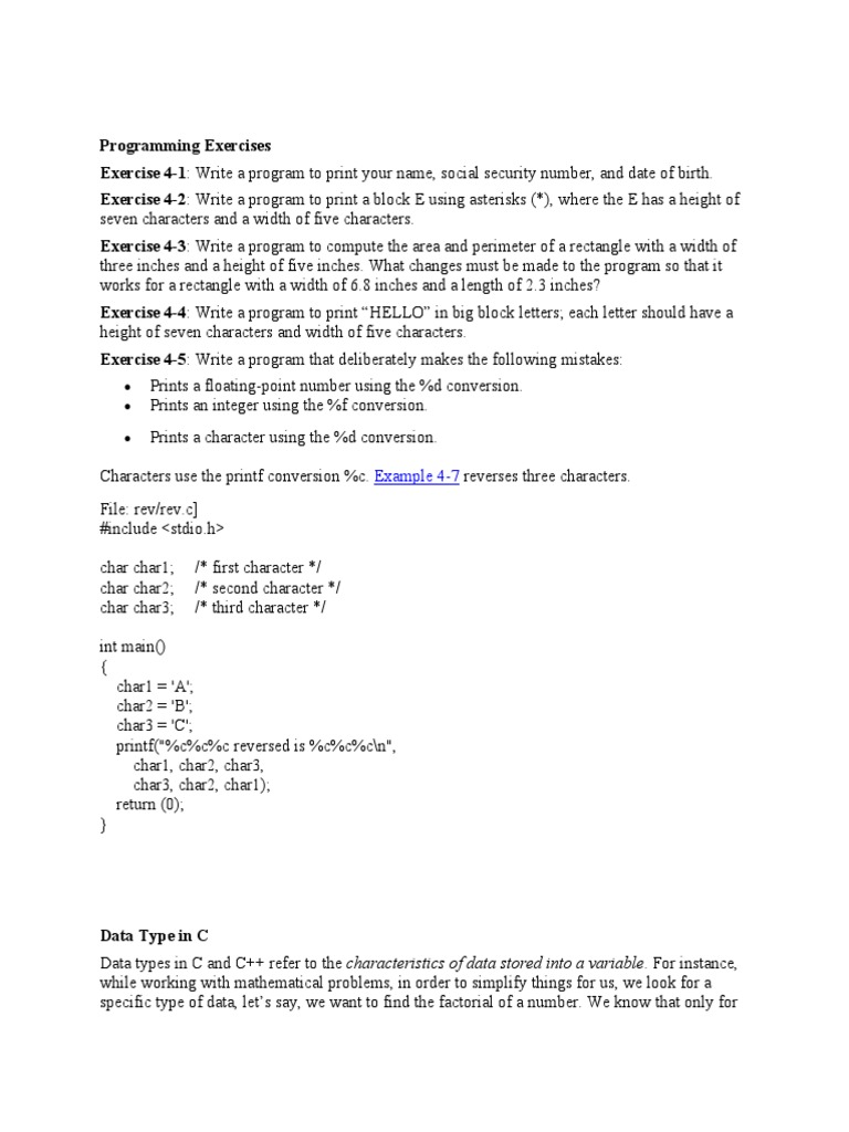Programming Exercises Pdf Data Type Variable Computer Science 5136