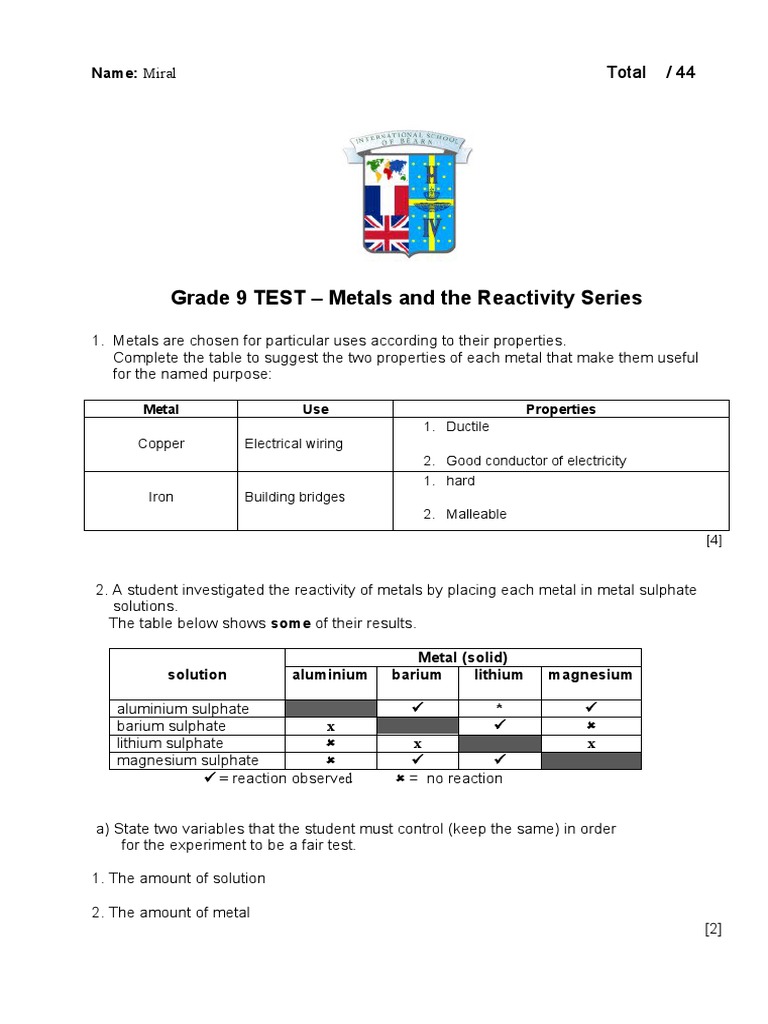 Grade 9 Metals Reactivity Test | PDF | Magnesium | Aluminium