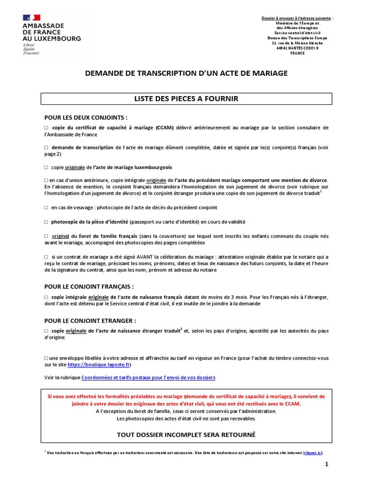 Formulaire Transcription Mariage-2 | PDF | Mariage | Certificat de naissance
