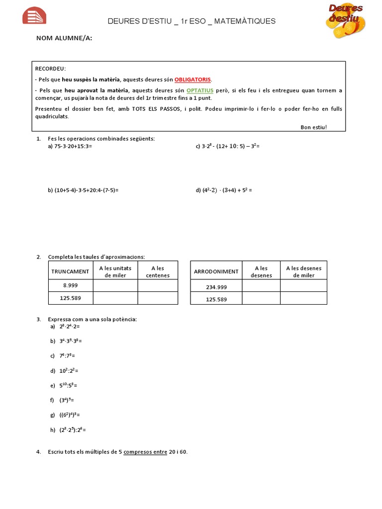 Matemàtiques - Deures D'estiu 1D | PDF