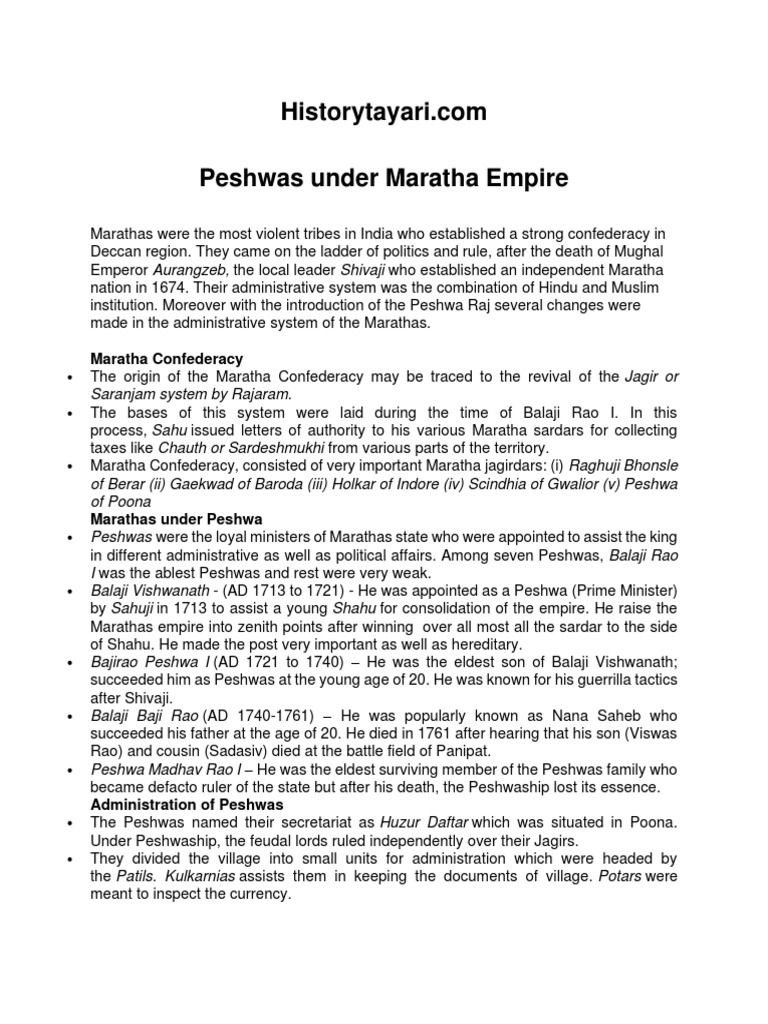 Peshwas Under Maratha Empire | PDF | South Asia