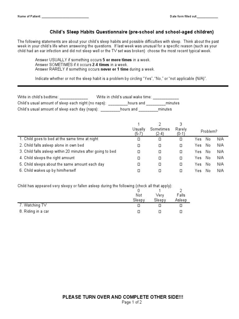 Child Sleep Habits Questionnaire | PDF | Sleep | Physiology