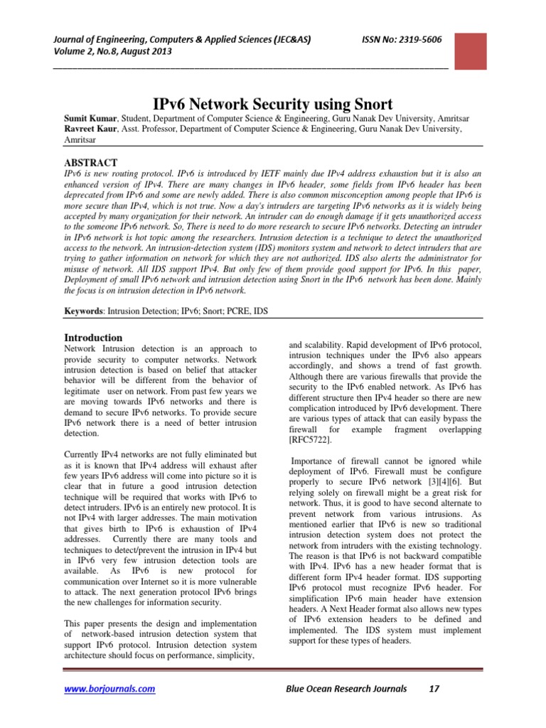 Ipv6 Network Security Using Snort Pdf I Pv6 Computer Network 