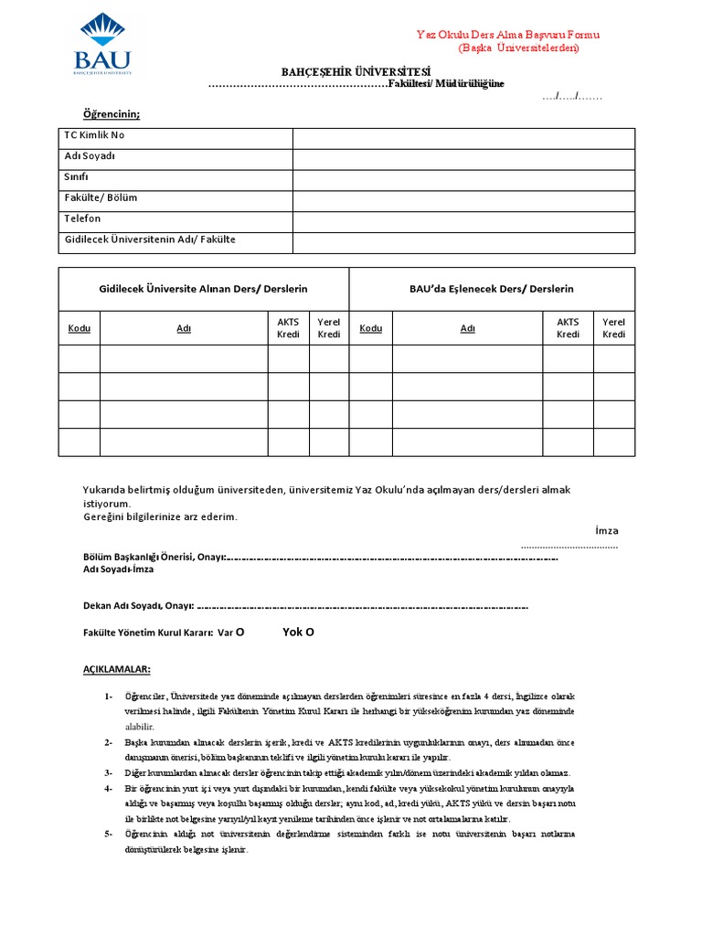 Yaz Okulu Ders Alma Formu Baska Unvden 1 | PDF