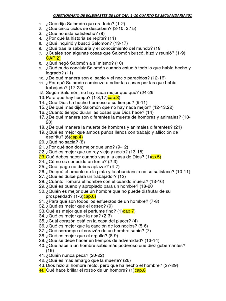 Cuestionario de Eclesiastes de Los Cap 1-10 | PDF