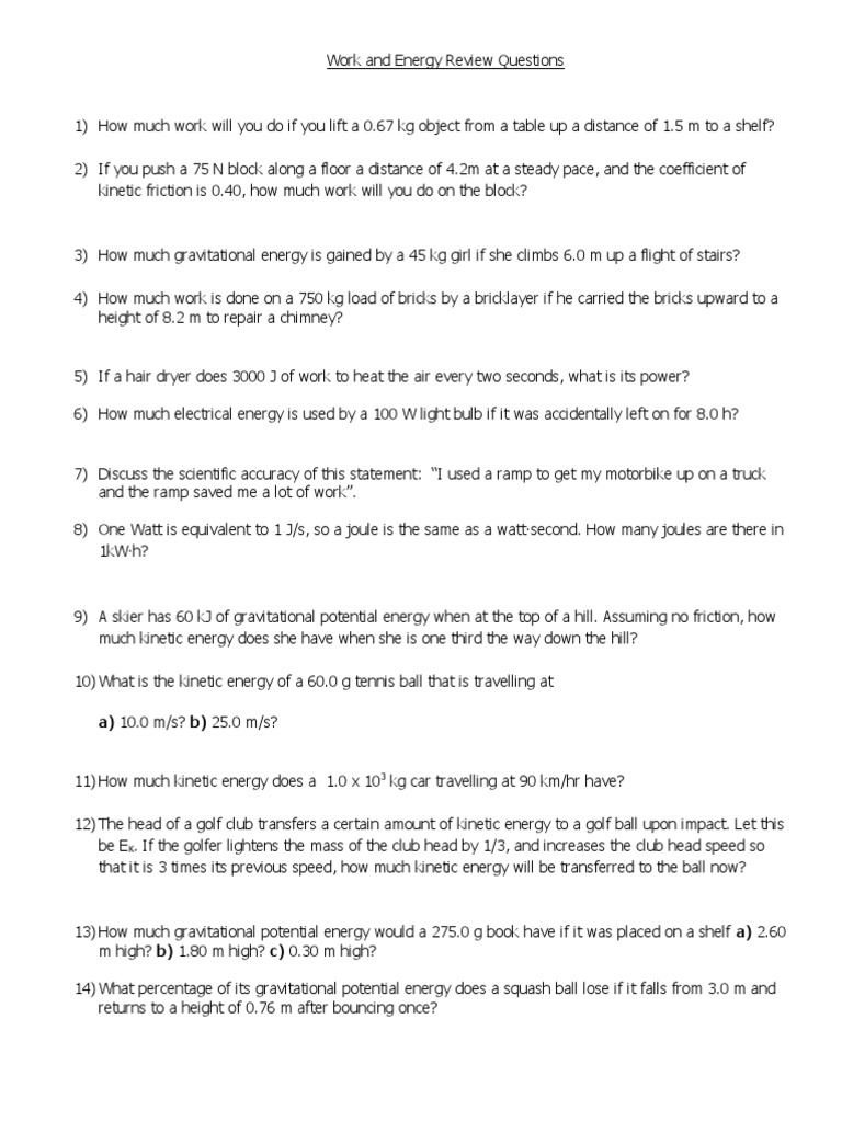 Work and Energy Review Questions Guide | PDF | Heat Capacity | Temperature