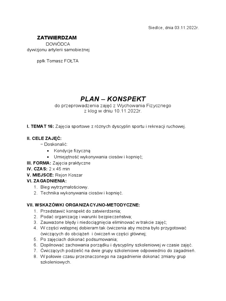 Plan - Konspekt: Zatwierdzam | PDF