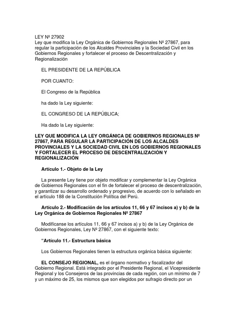 2002 Ley 27902 Modifica Ley 27868 Organica de Los Gobiernos Regionales ...