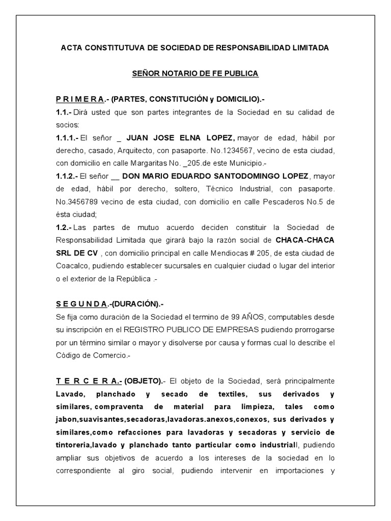 Acta Constitutiva Sociedad Responsabilidad Limitada | PDF | Bancos | Economias