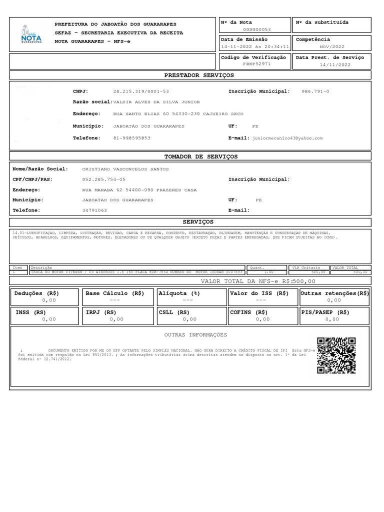 Nota fiscal de serviço para troca de motor de veículo Citroen C3 ...