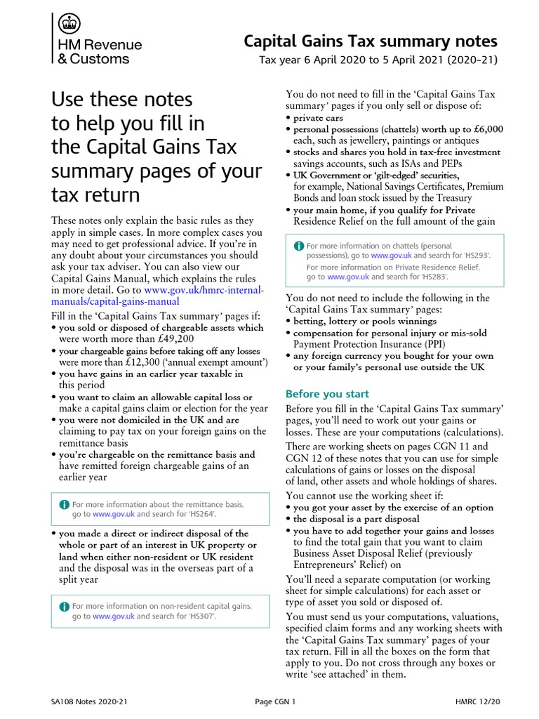 SA108 Notes 2021 - English | PDF | Capital Gains Tax | Taxes