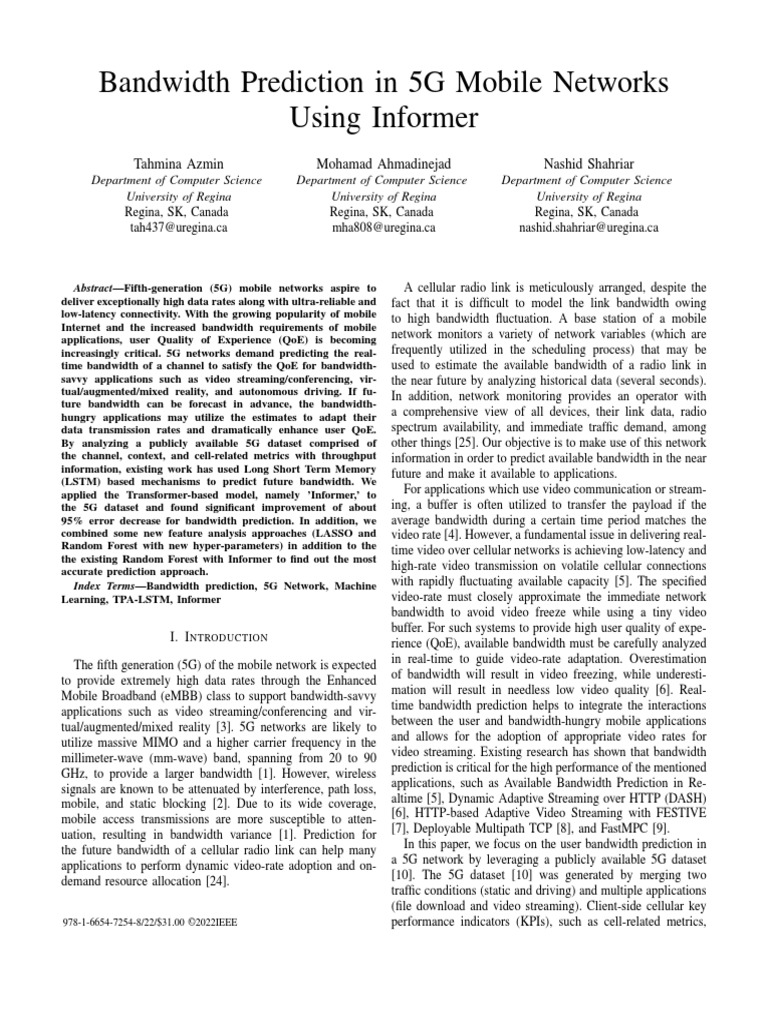 Bandwidth Prediction in 5G Mobile Networks Using Informer: Tahmina Azmin Mohamad Ahmadinejad ...
