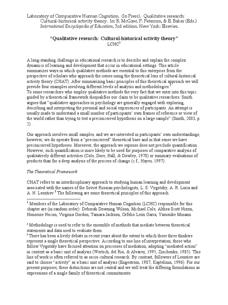 Qualitative Research: Cultural-Historical Activity Theory. | PDF