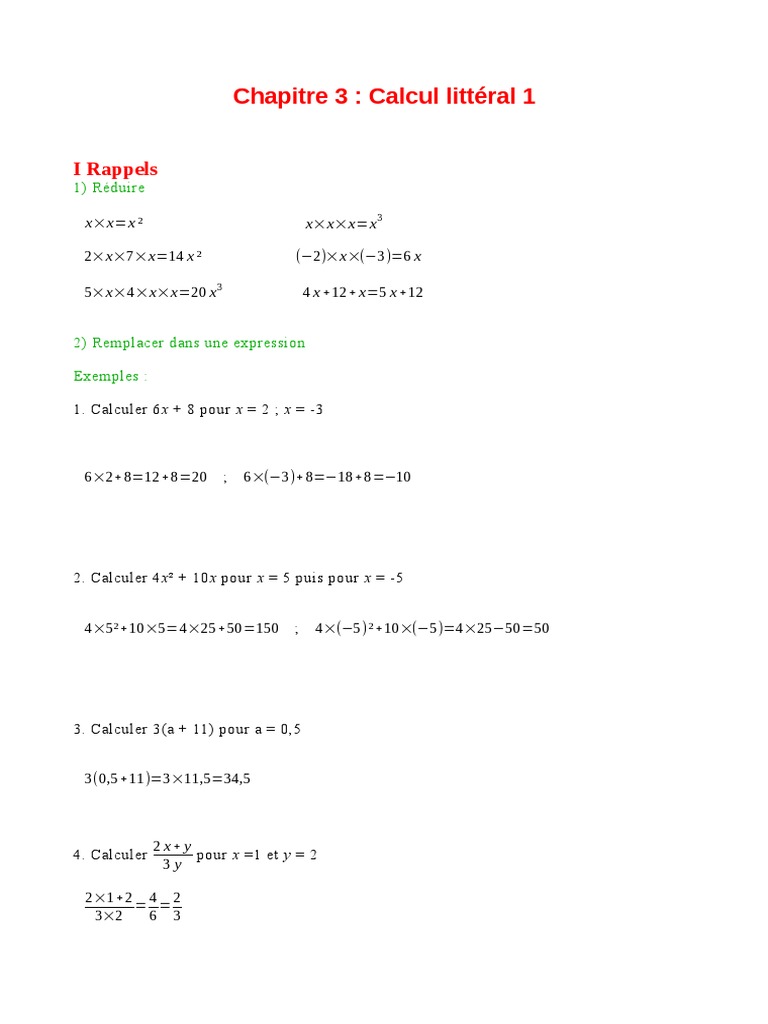 Calcul Litteral | PDF | Mathématiques