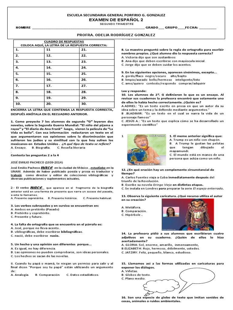 Examen Español 2do Gradi Trimestre 2 | PDF | Lingüística