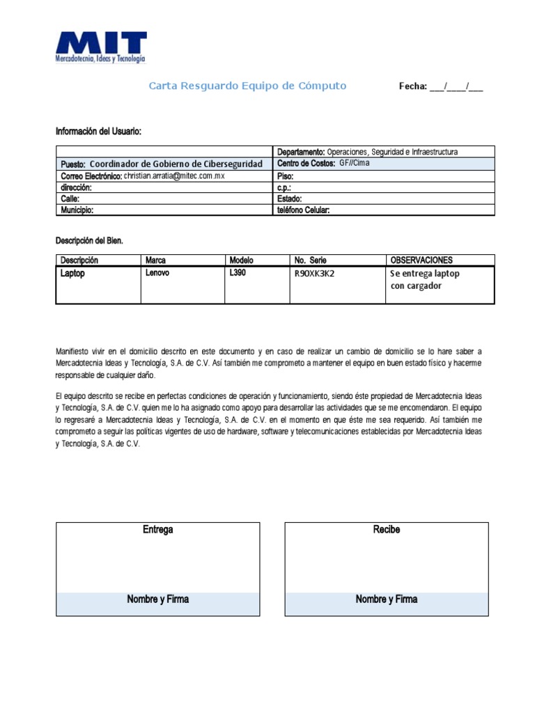Carta de Resguardo Machote | PDF