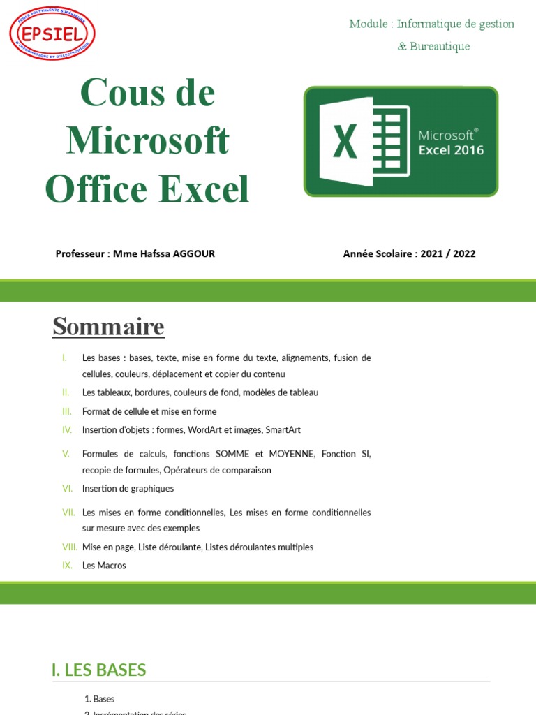 Cours Microsoft office Excel | PDF | Microsoft Excel | Visual Basic for Applications