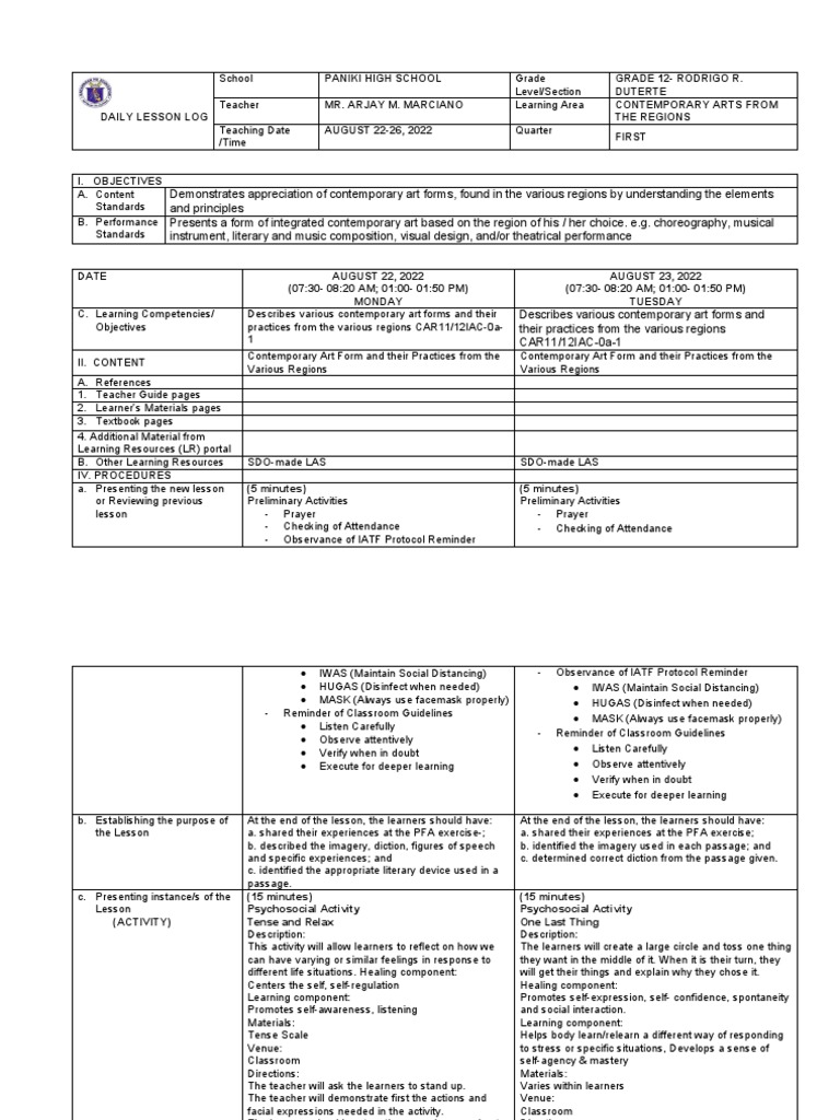 DLL Contemporary Arts | PDF | Learning | Teachers