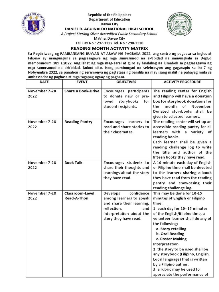 Reading Month Activity Matrix SY 22 23 | PDF | Philippines