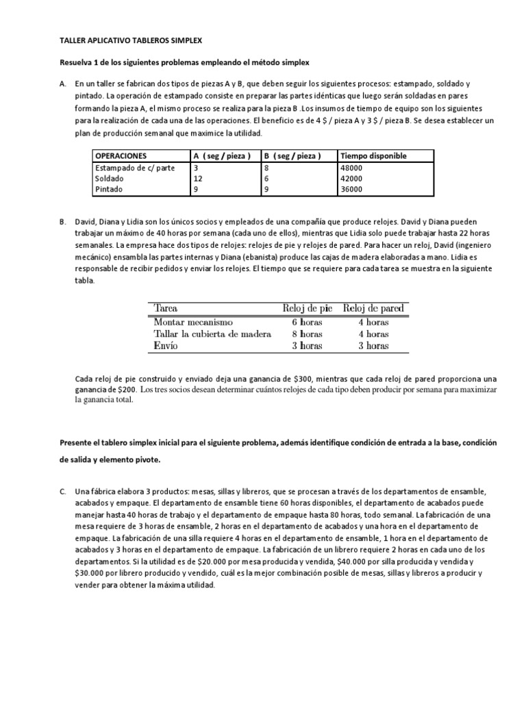 Taller Aplicativo Tableros Simplex V - 3 | PDF