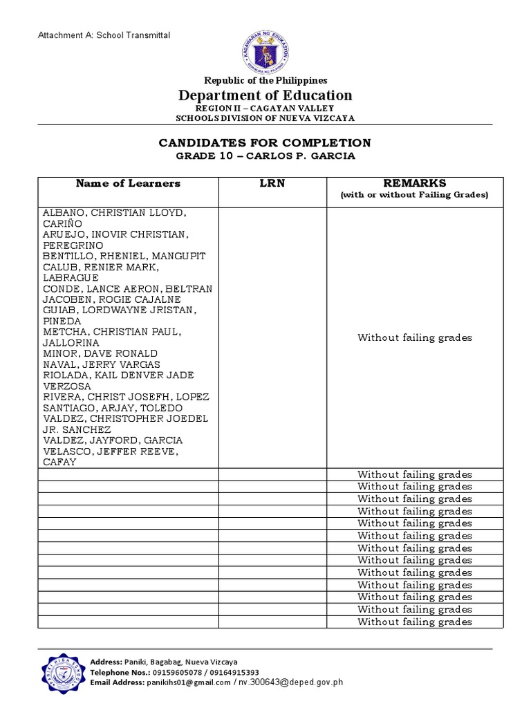 Graduation Moving Up Attachment A Transmittal | PDF