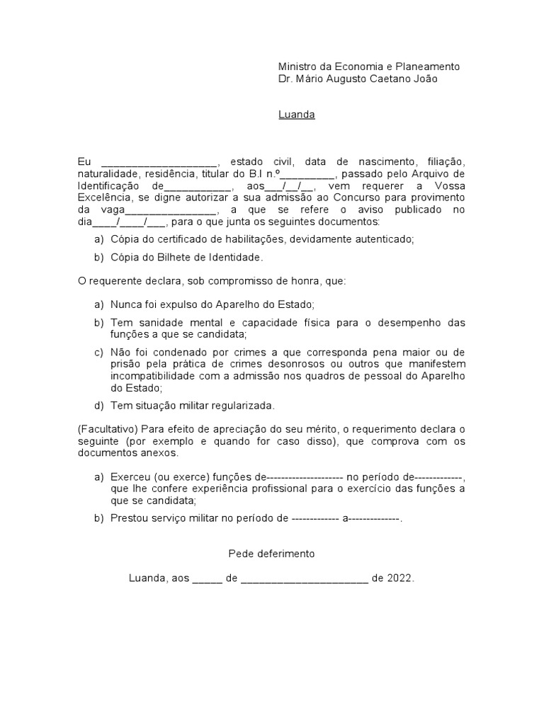 Requerimento para Candidatura Ao Concurso Público de Ingresso | PDF