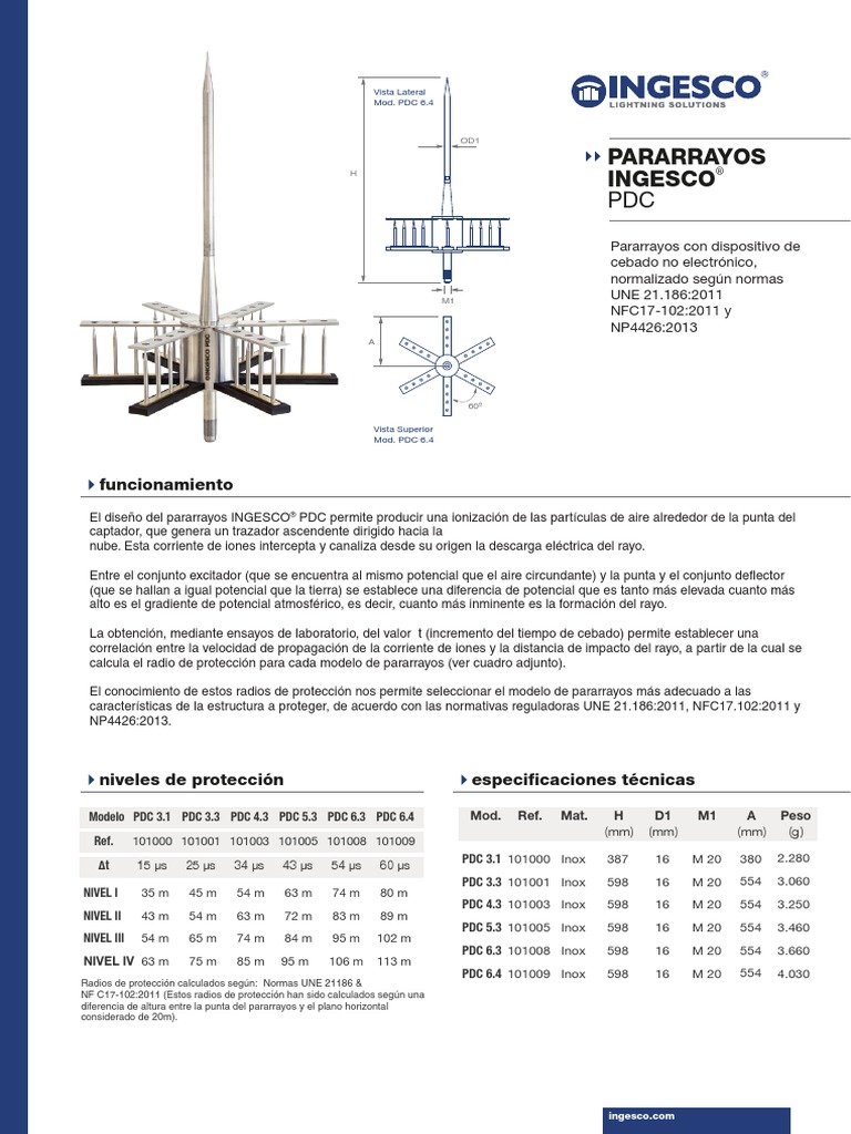 FT Pararrayos PDC Une Es | PDF | Relámpago | Materiales