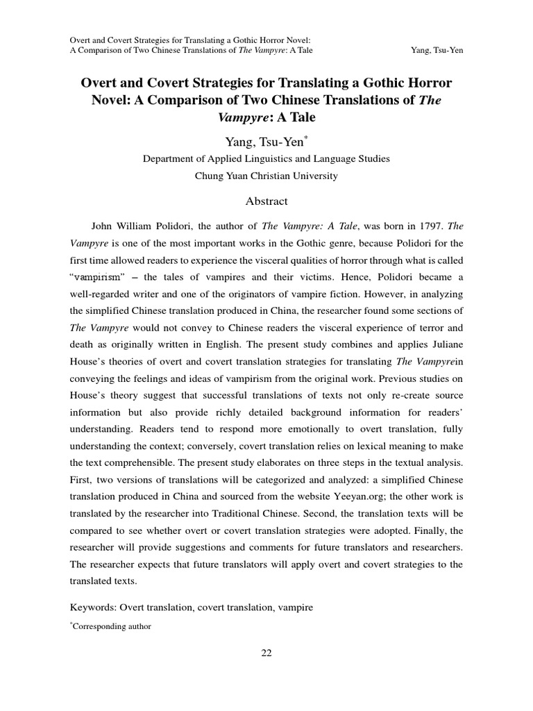 Overt and Covert Strategies For Translating A Gothic Horror Novel: A ...