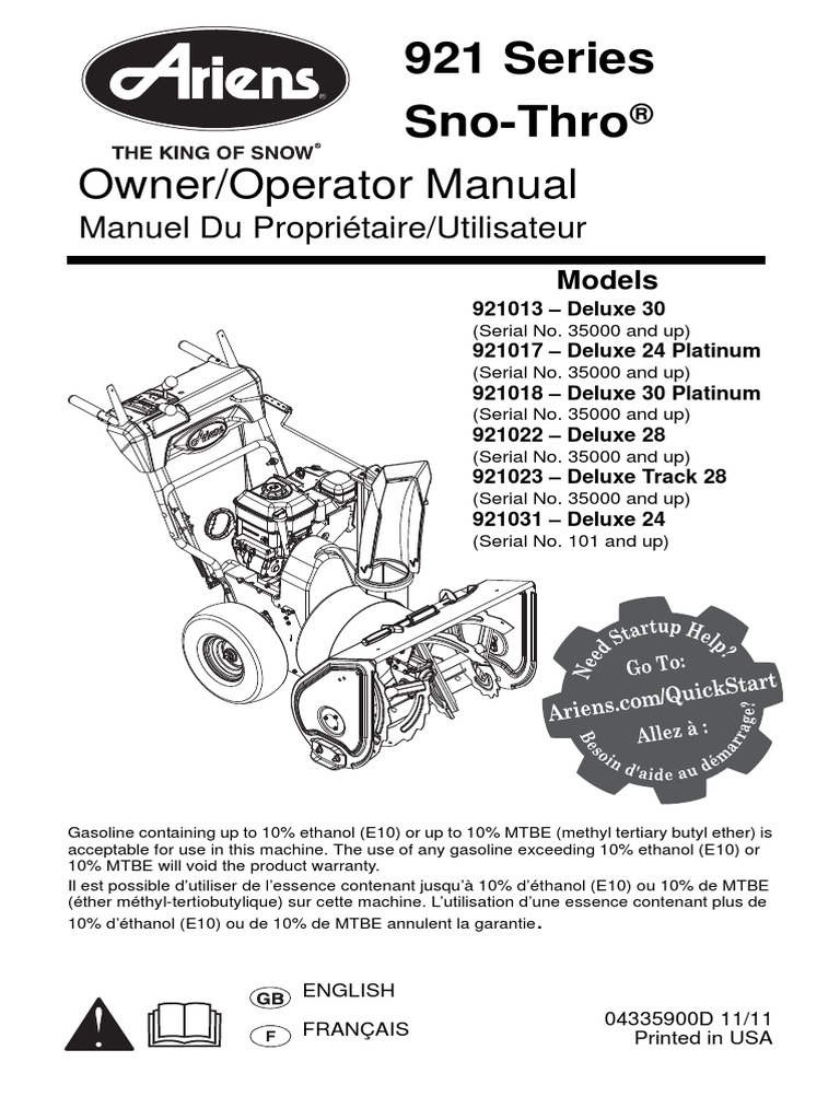 Ariens Model 921013 Deluxe 30 Snow Blower Operator Manual | PDF | Screw ...
