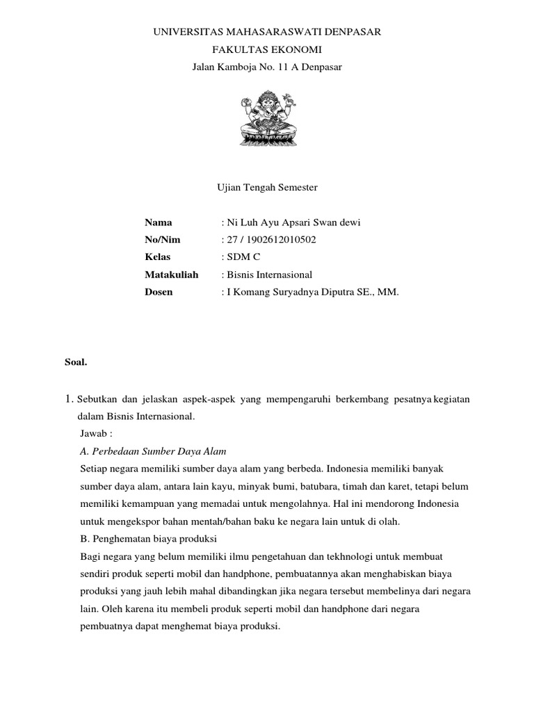 UTS 27 Ni Luh Ayu Apsari Swan Dewi Bisnis Internasional | PDF