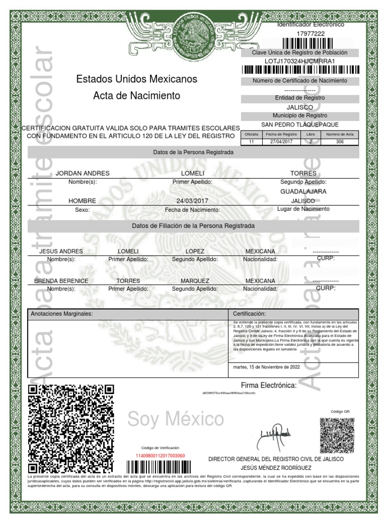 Acta de nacimiento de Jordan Andres Lomeli Torres emitida para trámites ...