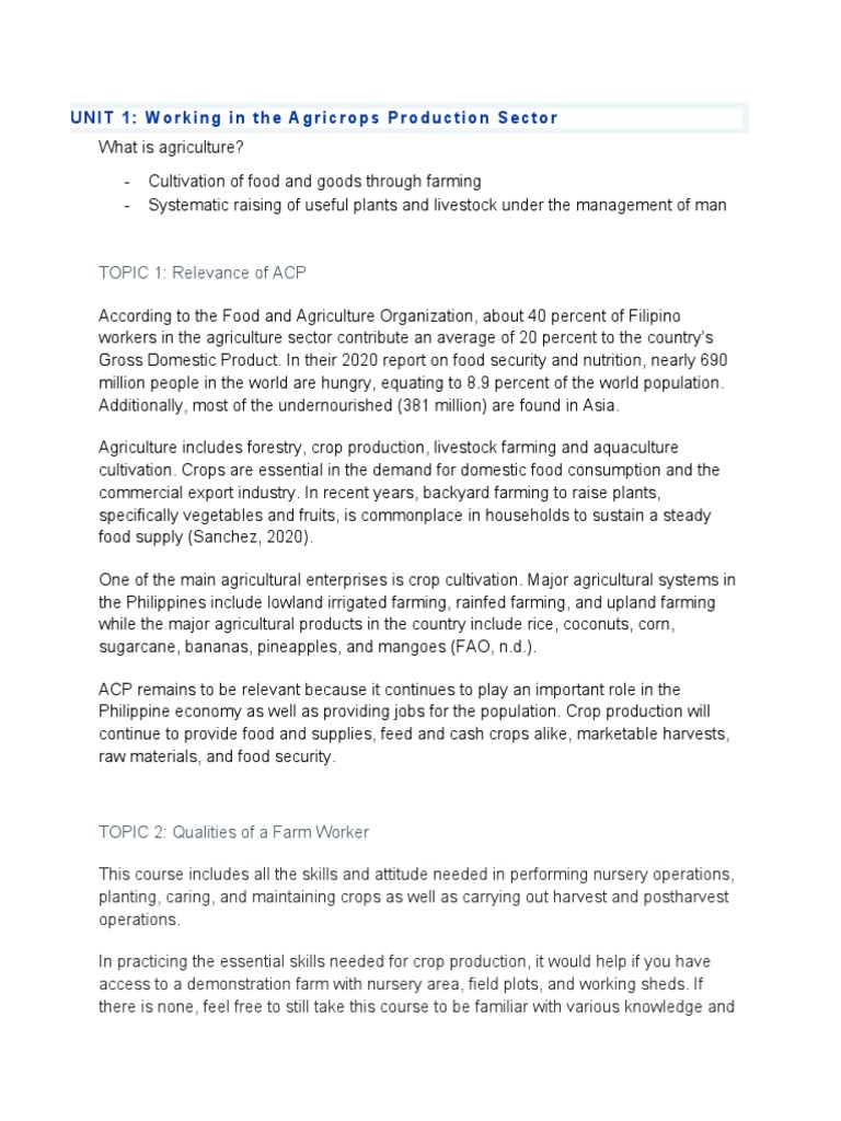 UNIT 1 Working in The Agricrops Production Sector | PDF | Agriculture | Occupational Safety And ...