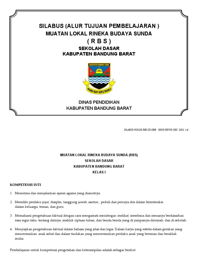Silabus Mulok RBS KELAS 1 SD KBB Edisi Revisi Des 2021 | PDF