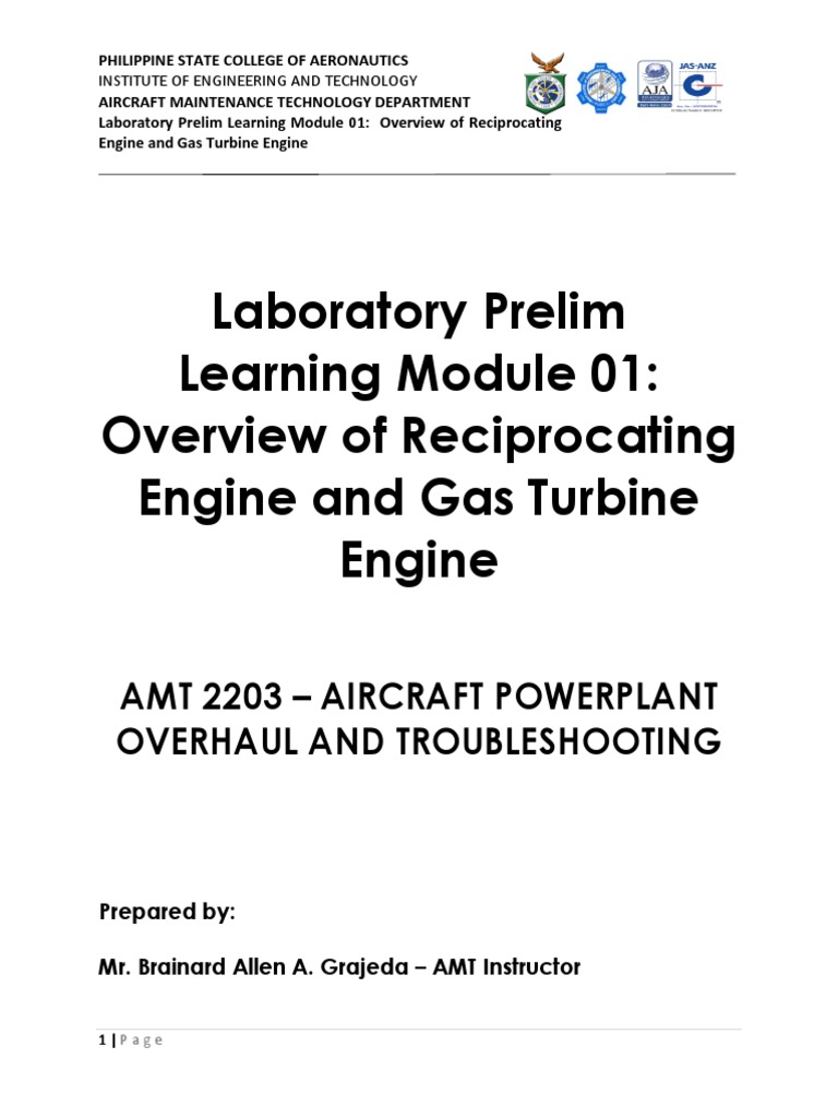 PSCAIET AMT Laboratory Prelim Module 01: Reciprocating and Gas Turbine ...