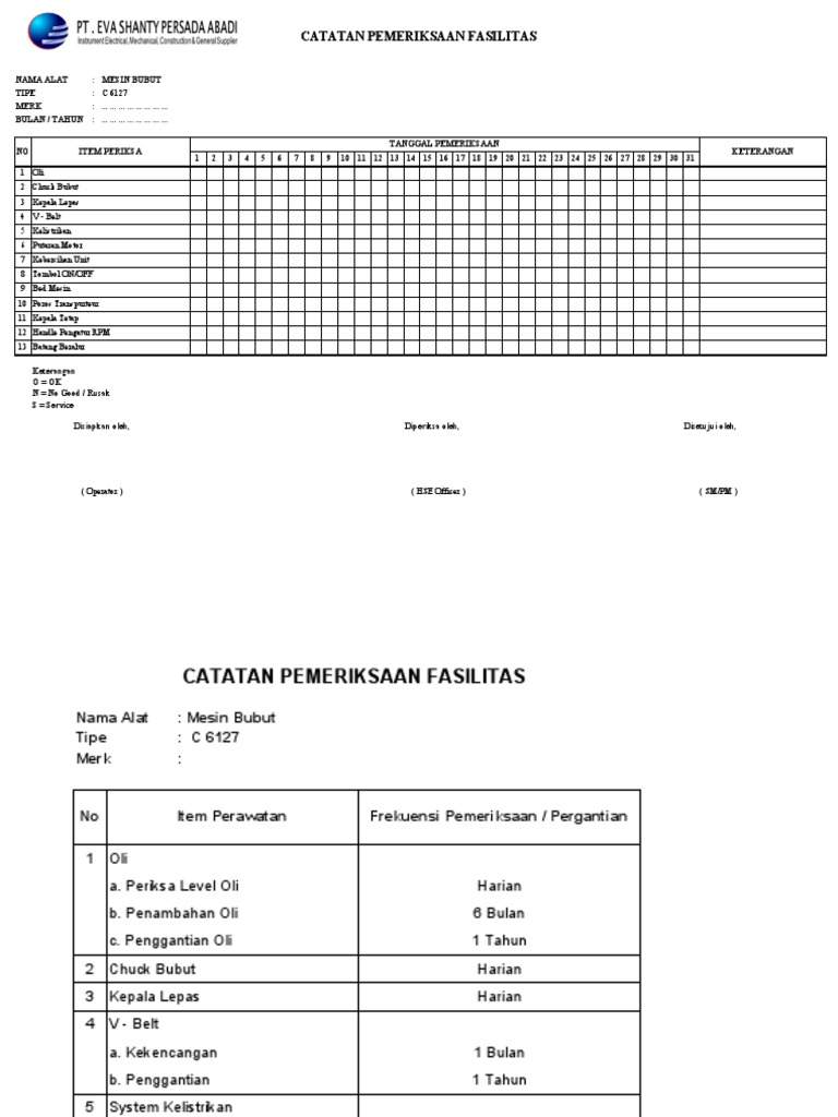 Checklist Perawatan Mesin Bubut C6127 | PDF