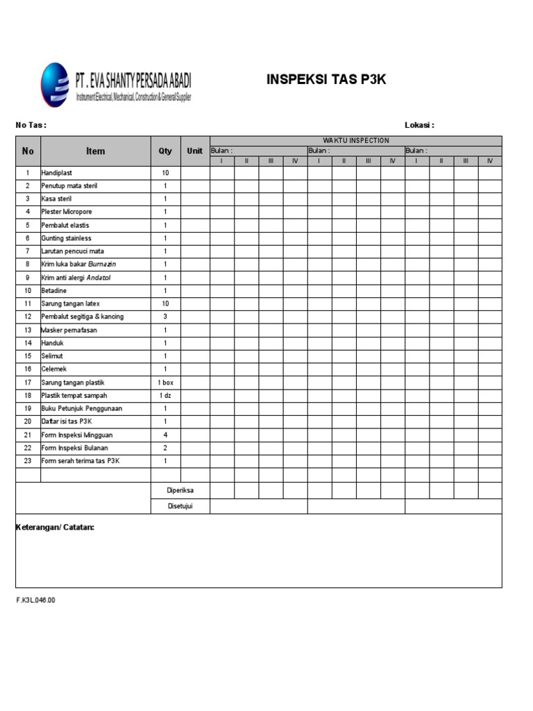 Form Checlist Inspeksi Tas P3K | PDF