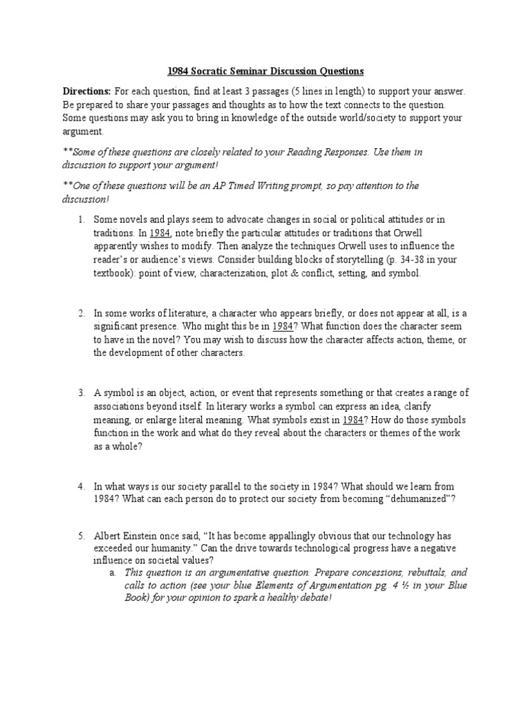 1984 Socratic Seminar Discussion Questions | PDF | Novels | Hero