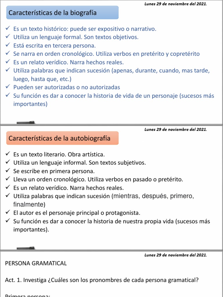 Caracteristicas de Las Biografías y Autobiografías. Persona Gramatical ...