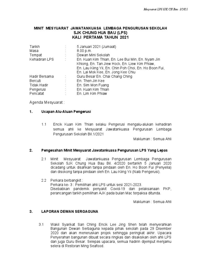 Minit Mesyuarat LPS 1 2021 | PDF
