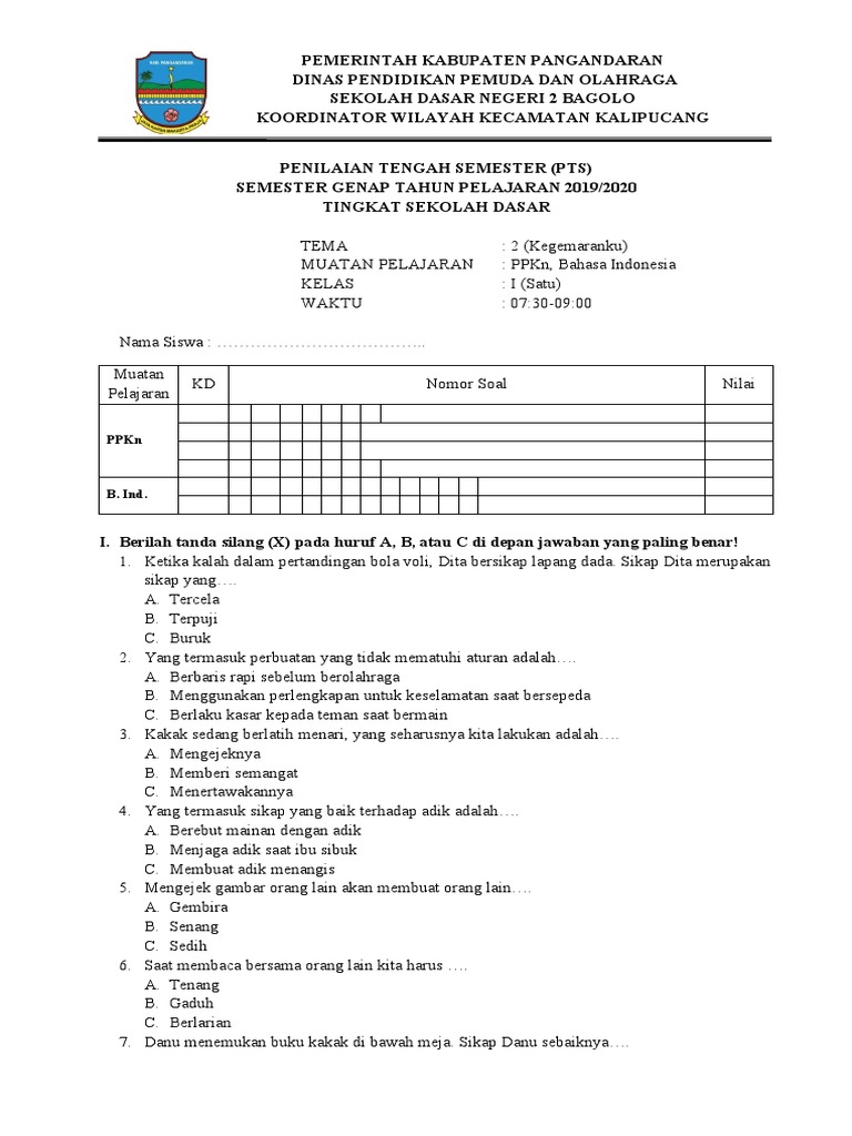 Soal Pts Kelas 1 Tema 2 Sesi 1 | PDF