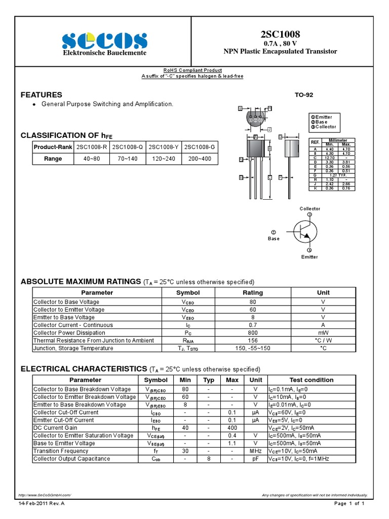 C1008 SeCoS | PDF | Bipolar Junction Transistor | Electronic Circuits