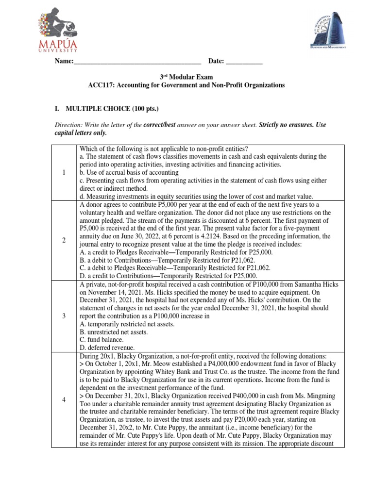 ACC117-CON09 Module 3 Exam | PDF | Revenue | Nonprofit Organization