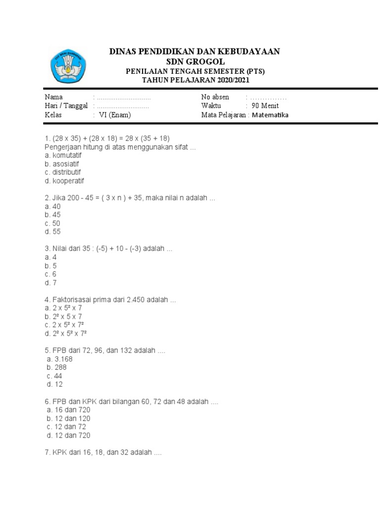 Soal Matematika Kls 6 | PDF