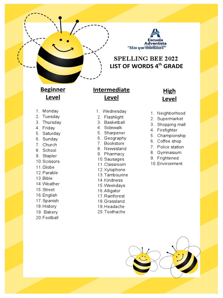 4th Grade Spelling Bee Words | PDF | Cooking, Food & Wine