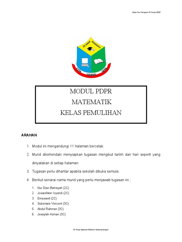 Modul PDPR Matematik Kelas Pemulihan Kumpulan 2 | PDF