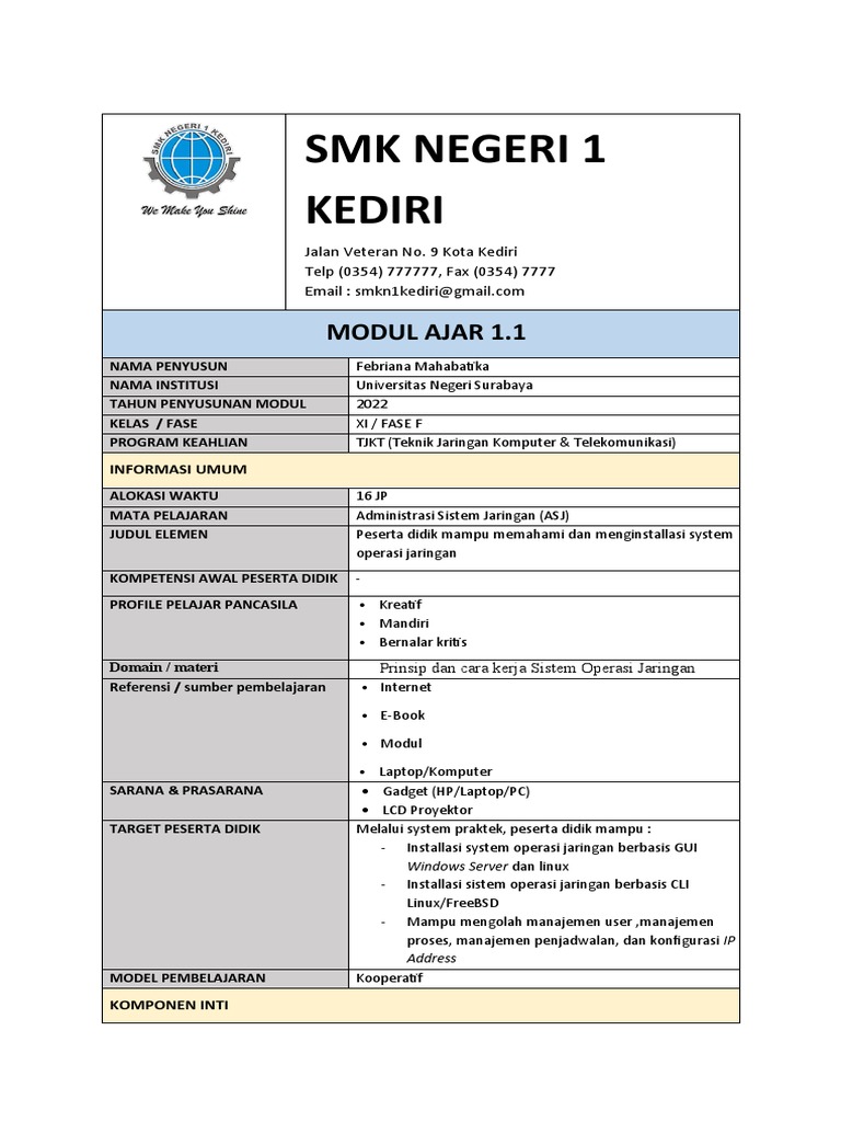 SMK Negeri 1 Kediri: Modul Ajar 1.1 | PDF