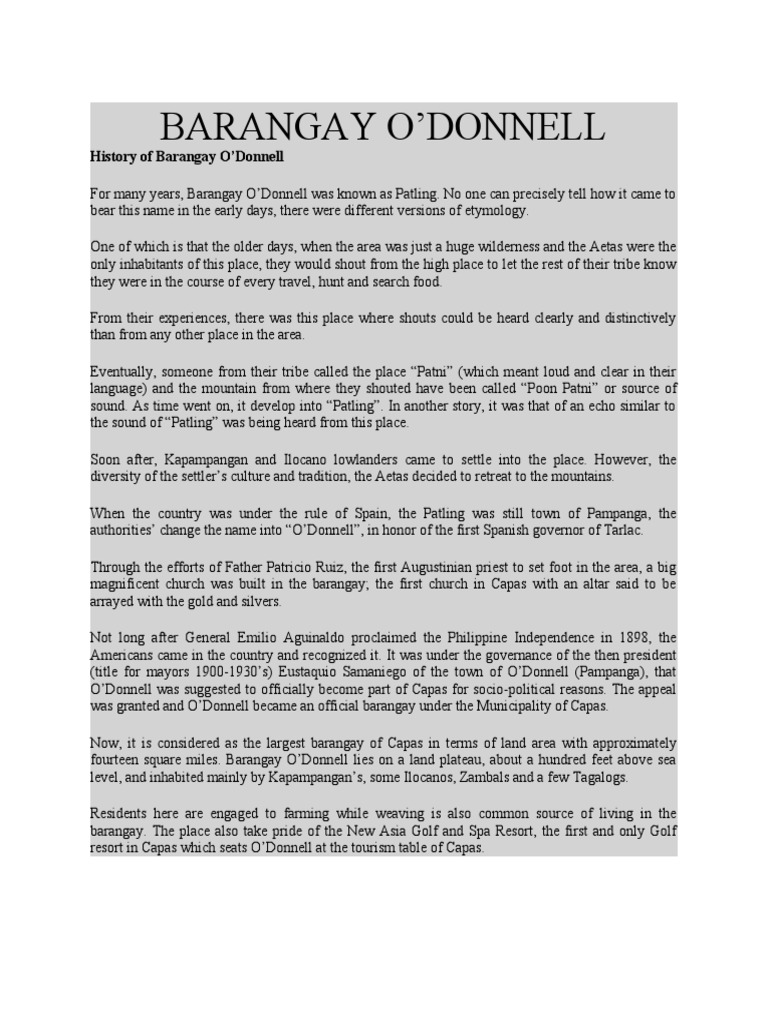 History of Barangay O'Donnell | PDF | Philippines