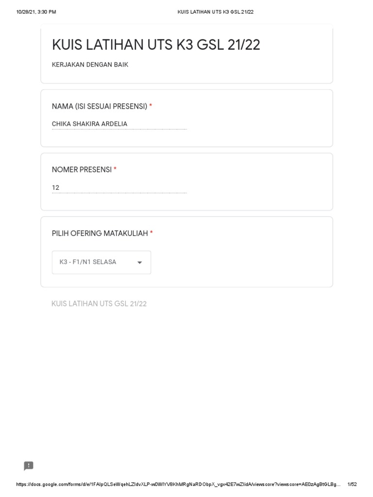 Kuis Latihan UTS K3 GSL 21/22 | PDF